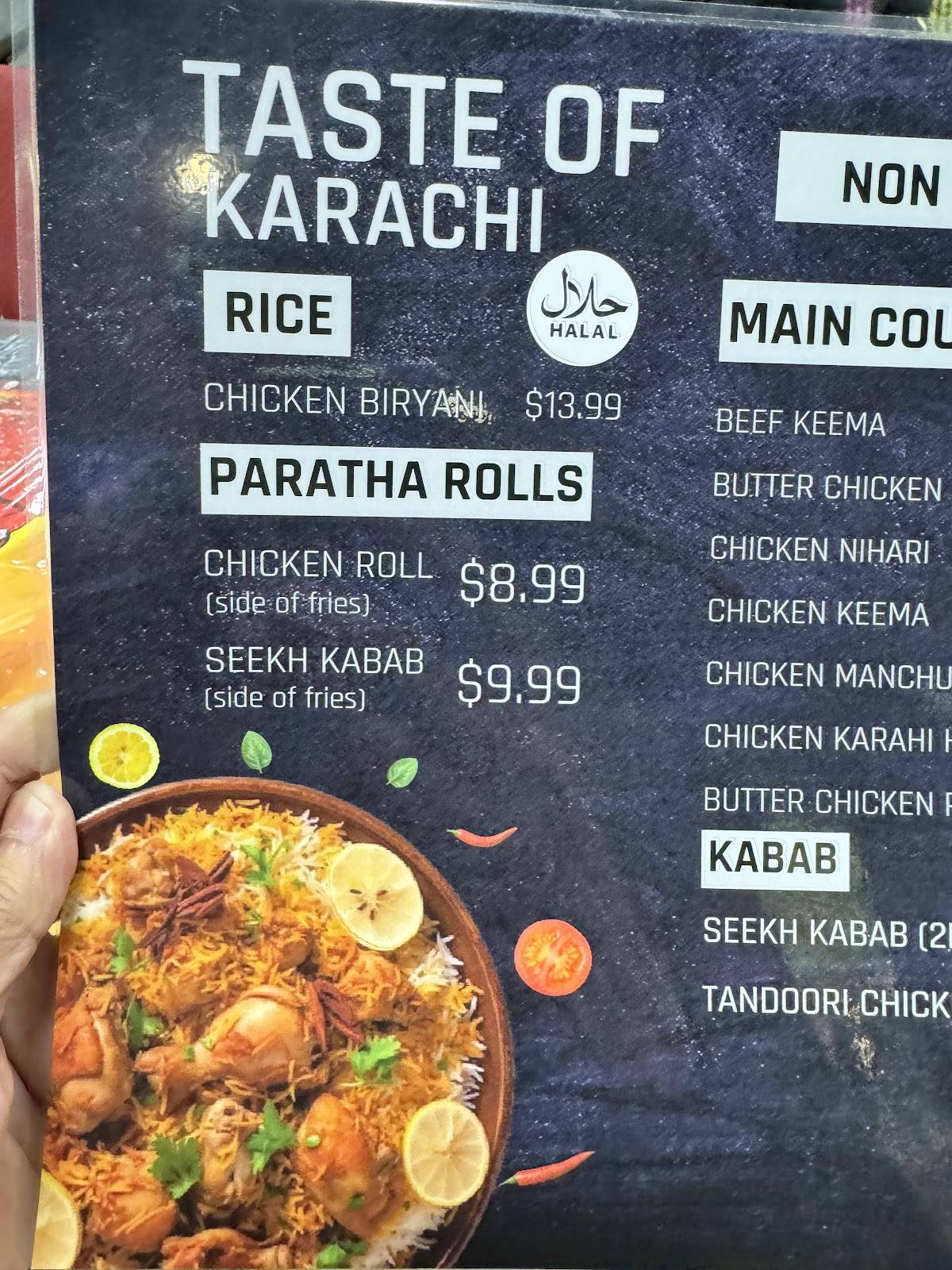 Menu at Taste of Karachi restaurant, Winnipeg