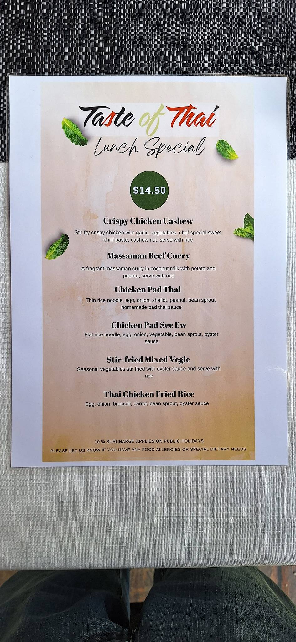 Menu at Taste of Thai restaurant, Cairns North