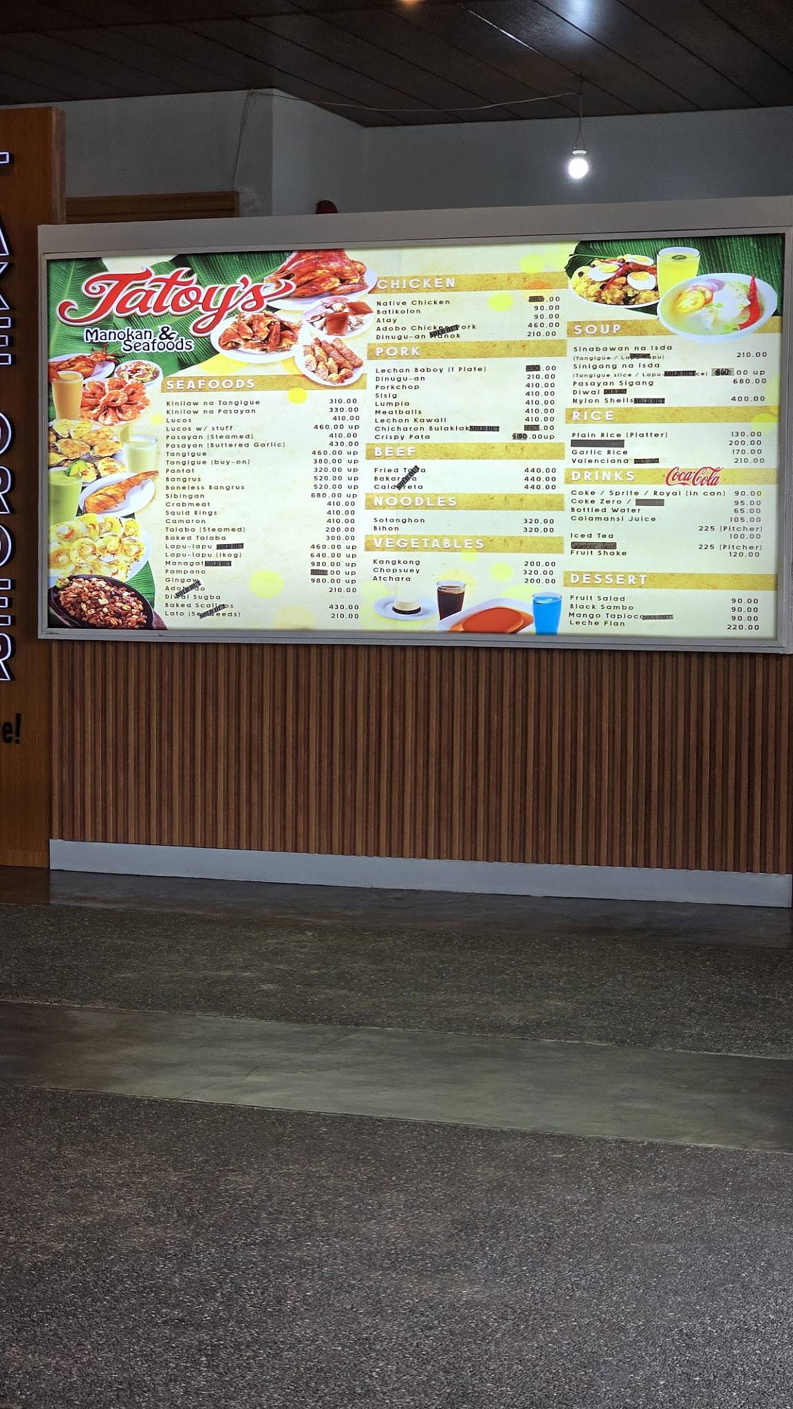 Menu at Tatoy's Atria restaurant, Iloilo City