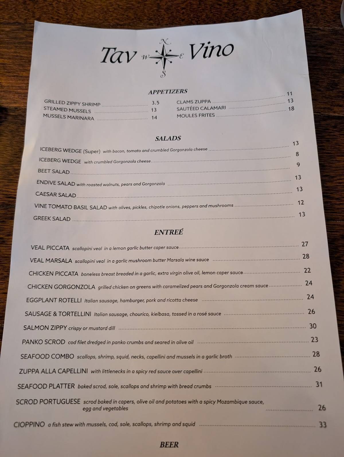 Menu at Tav-Vino Restaurant, Warren