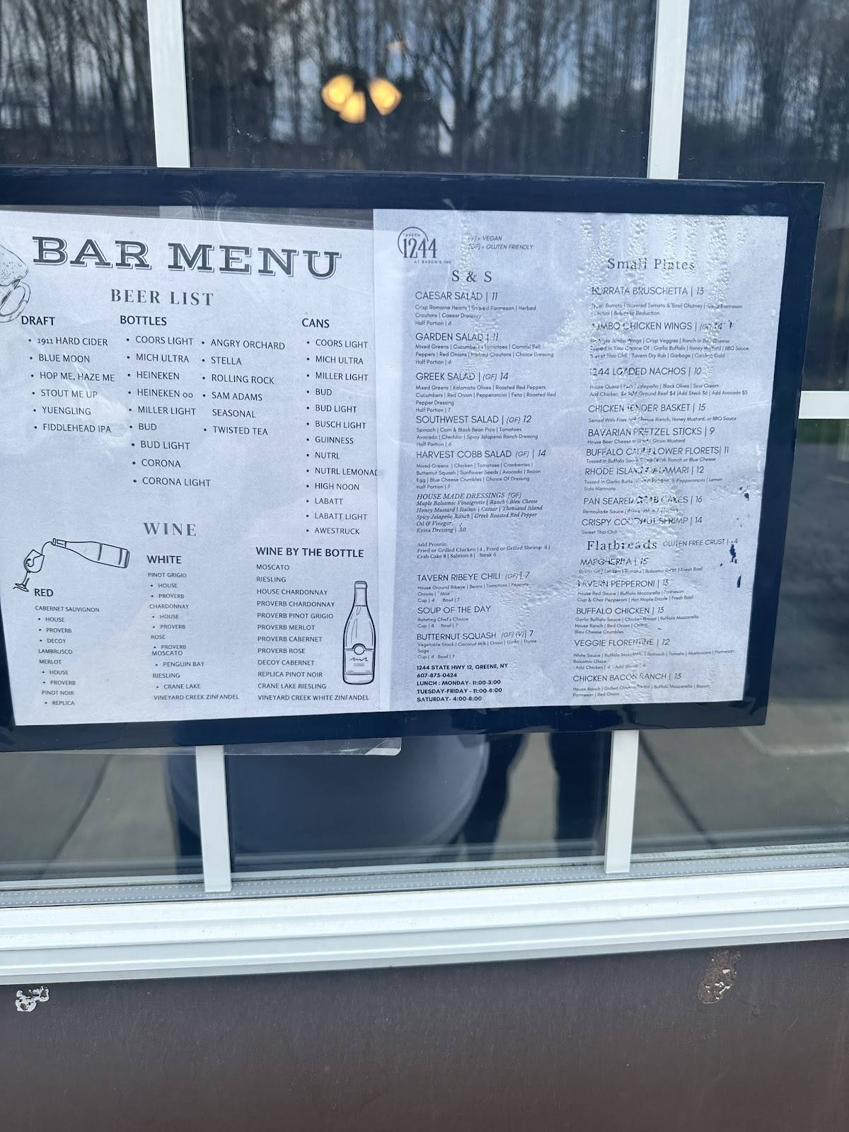 Menu at Tavern 1244 at Baron's Inn, Greene