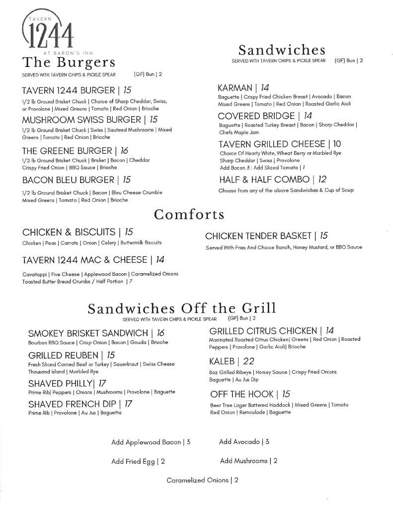 Menu at Tavern 1244 at Baron's Inn, Greene