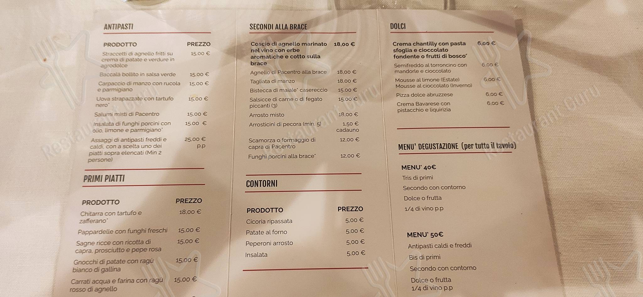 Menu at Taverna de li Caldora restaurant, Pacentro