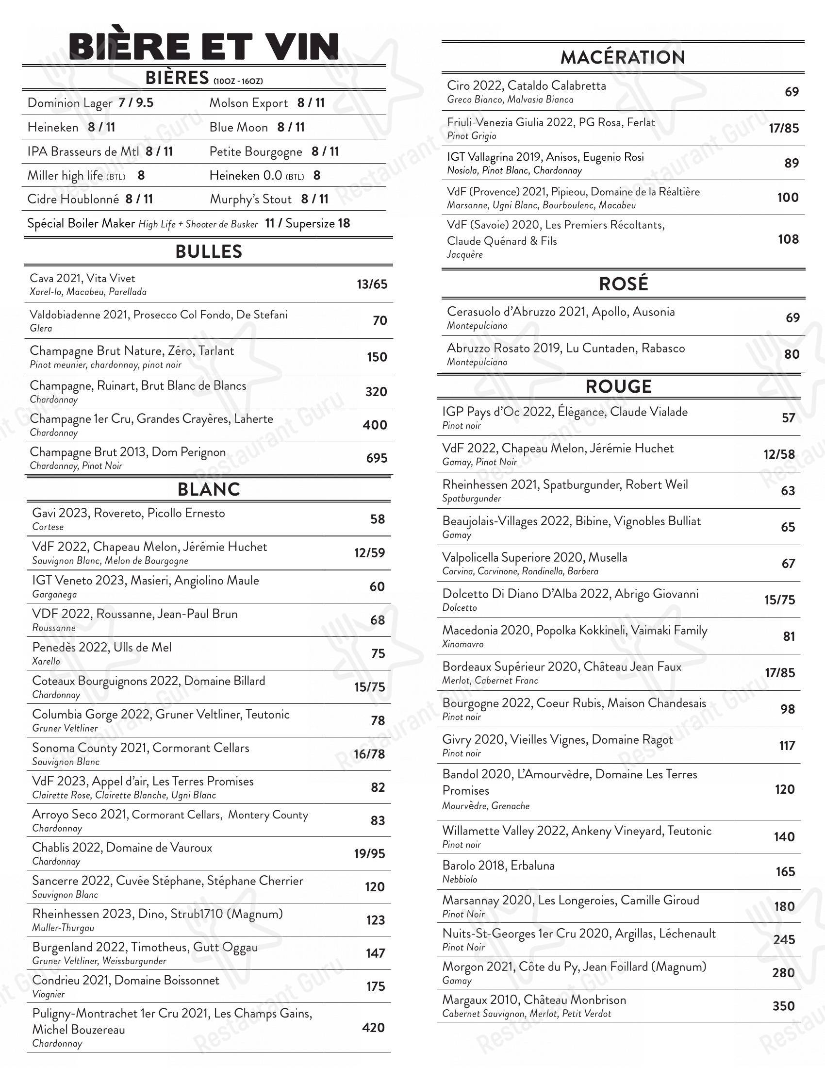 Menu au Taverne Square Dominion pub et bar, Montréal