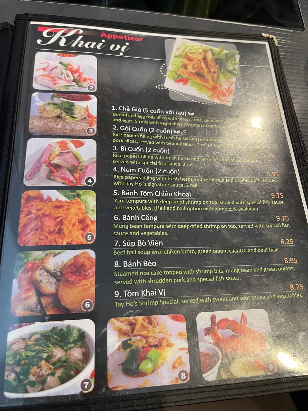 Menu at Tay Ho restaurant, Santa Clara