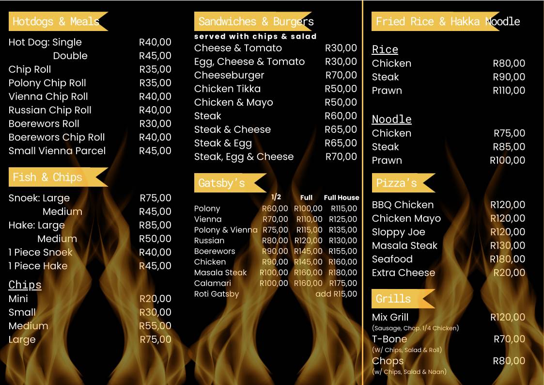 Menu at Tazy's Treats restaurant, Cape Town