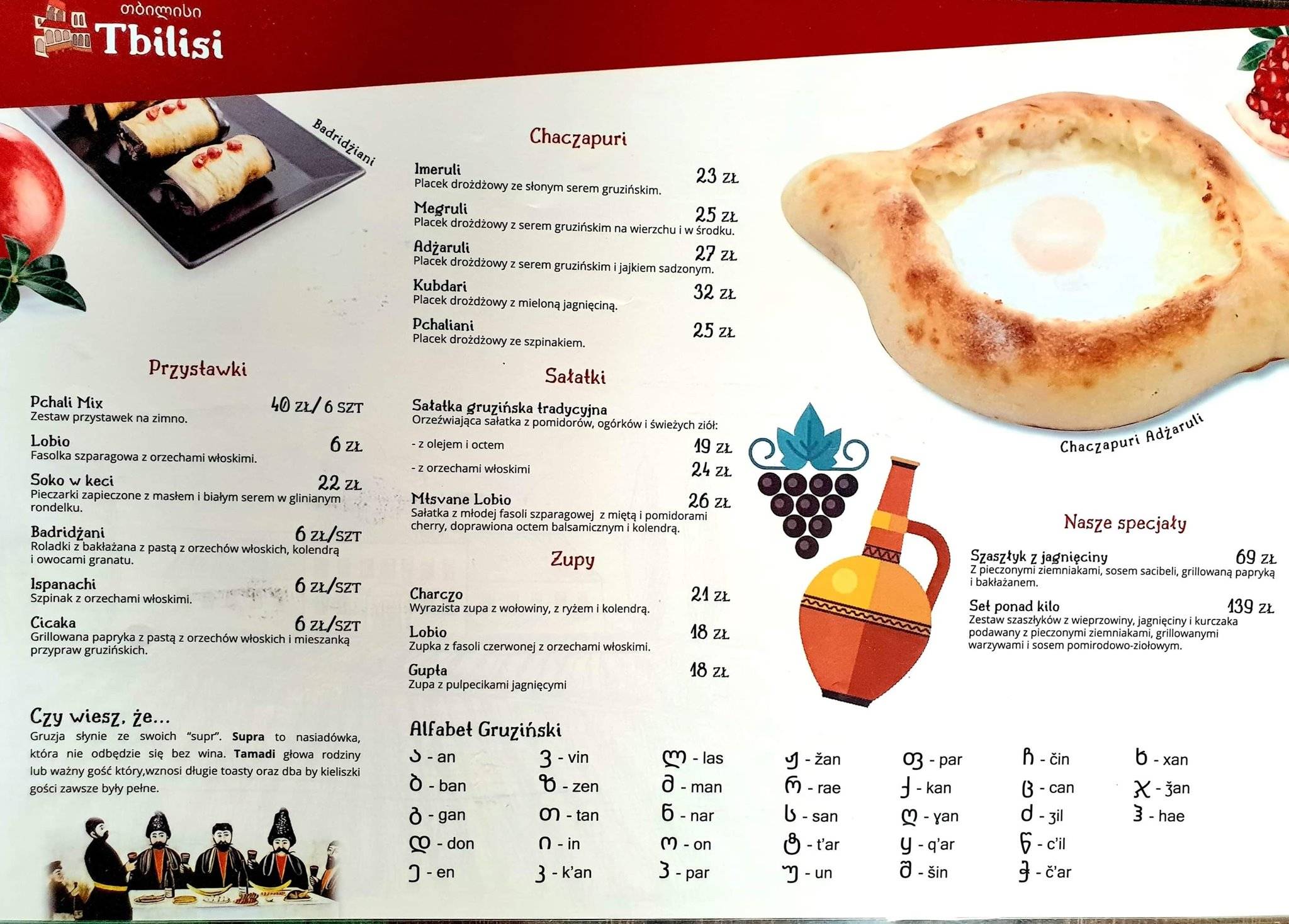 Menu at Tbilisi restaurant, Warsaw, ul. Pulawska 24