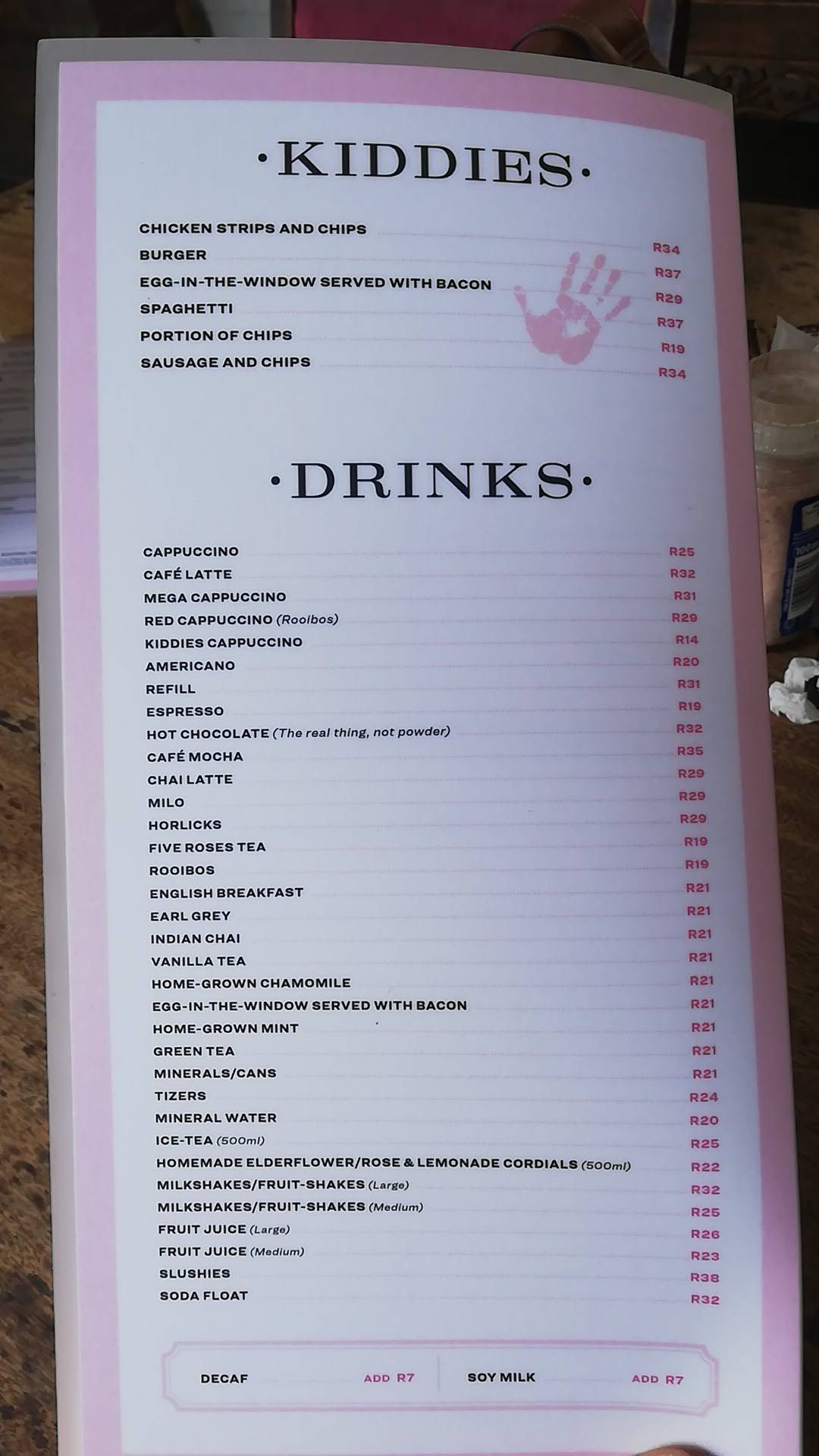 Menu at Tea On 23 restaurant, Pietermaritzburg