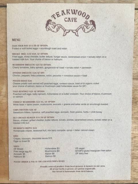 Menu at Teakwood Cafe, Burringbar