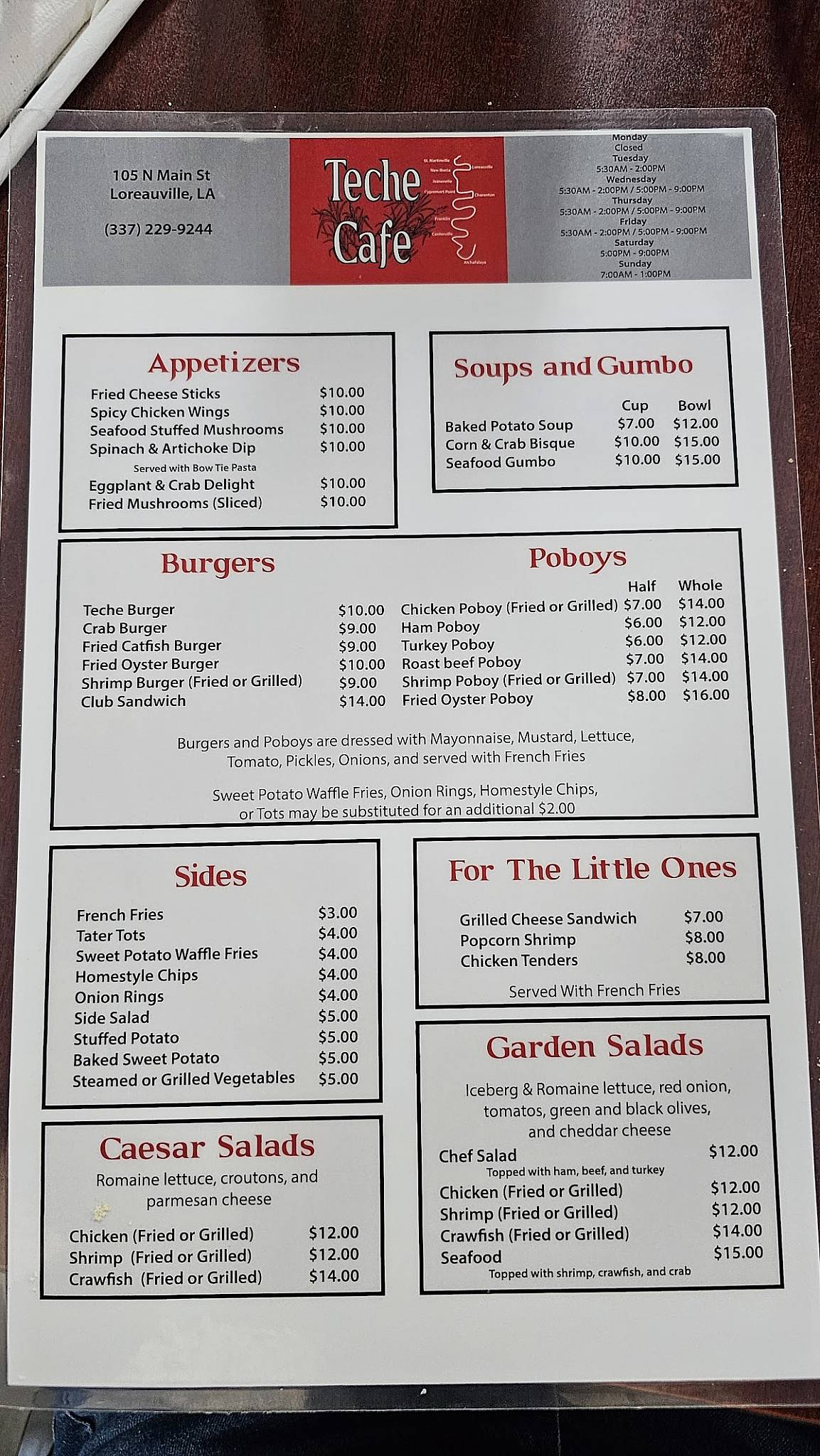 Menu at Teche Cafe, Loreauville