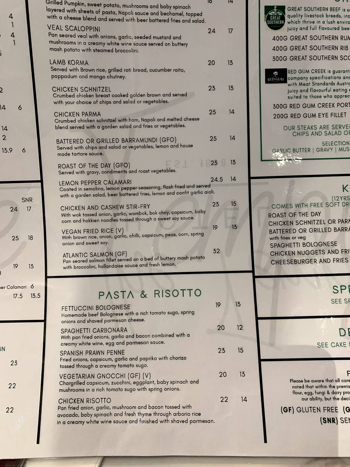 Menu at Templestowe Hotel restaurant, Templestowe Lower