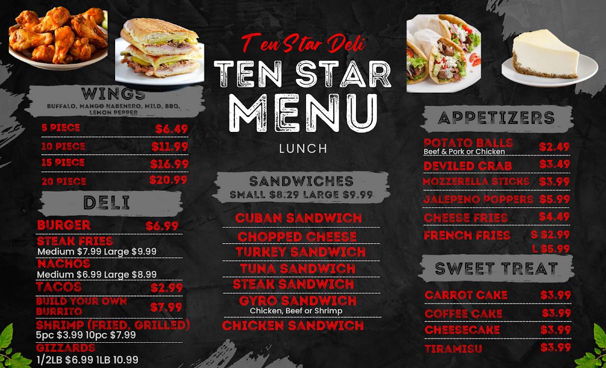 Menu at Ten Star Deli Smoke & Phone Stop restaurant, Tampa