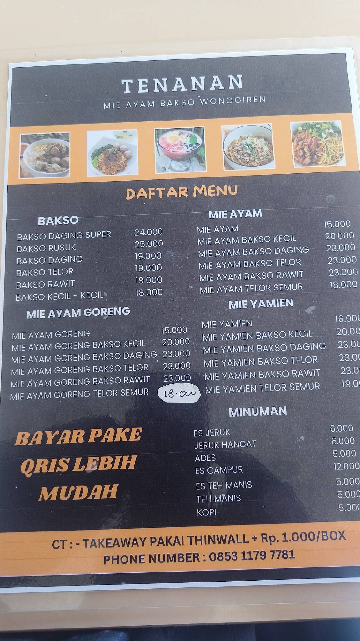 Menu at Tenanan Mie Ayam Bakso restaurant, South Jakarta