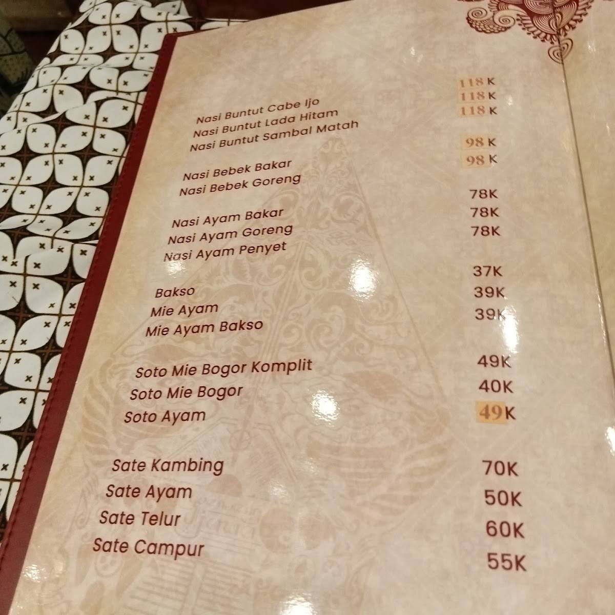 Menu at Teras Budhe restaurant, South Jakarta, QQ5R+RGQ