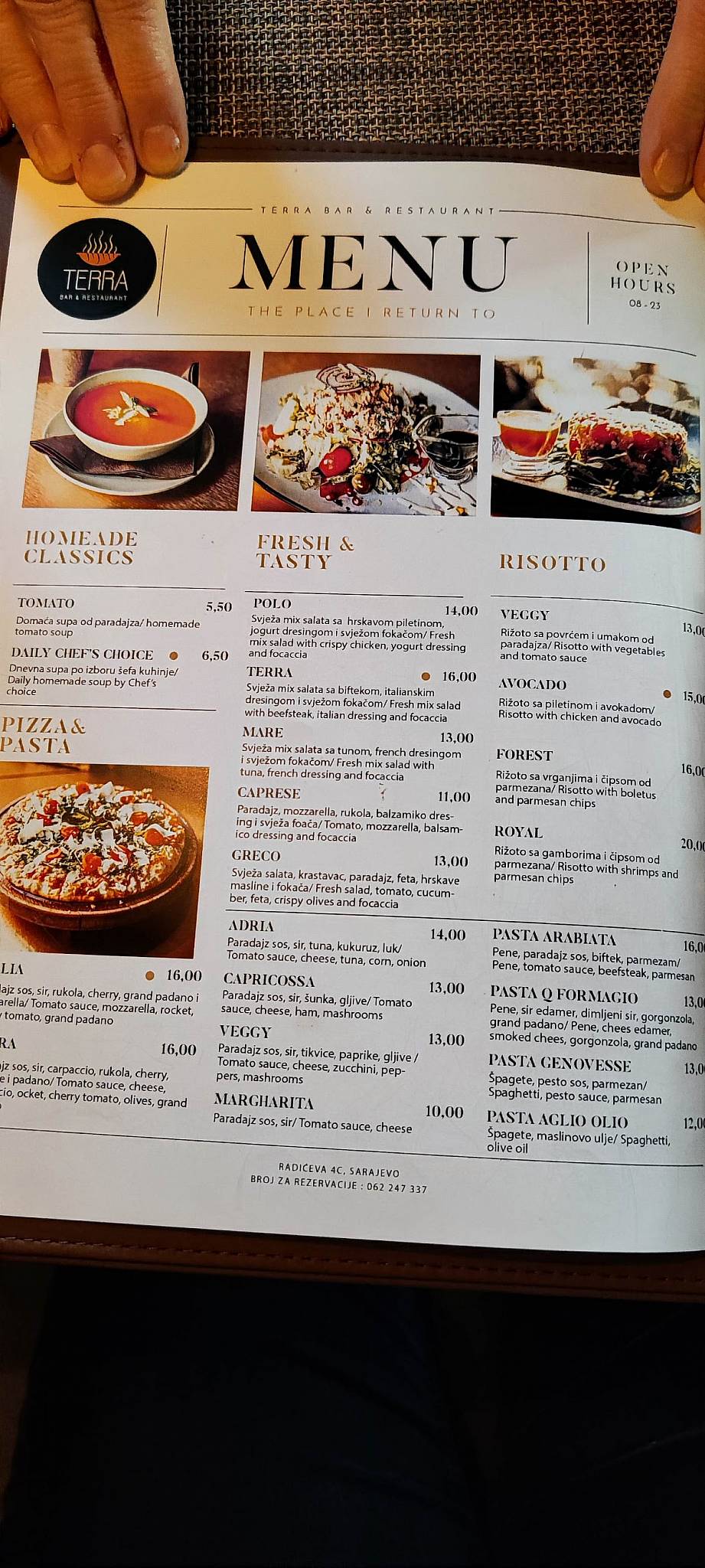 Menu at Terra restaurant, Sarajevo