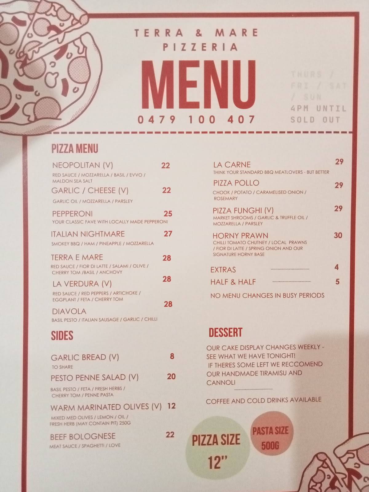 Menu at Terra & Mare Pizzeria, Kangaroo Valley