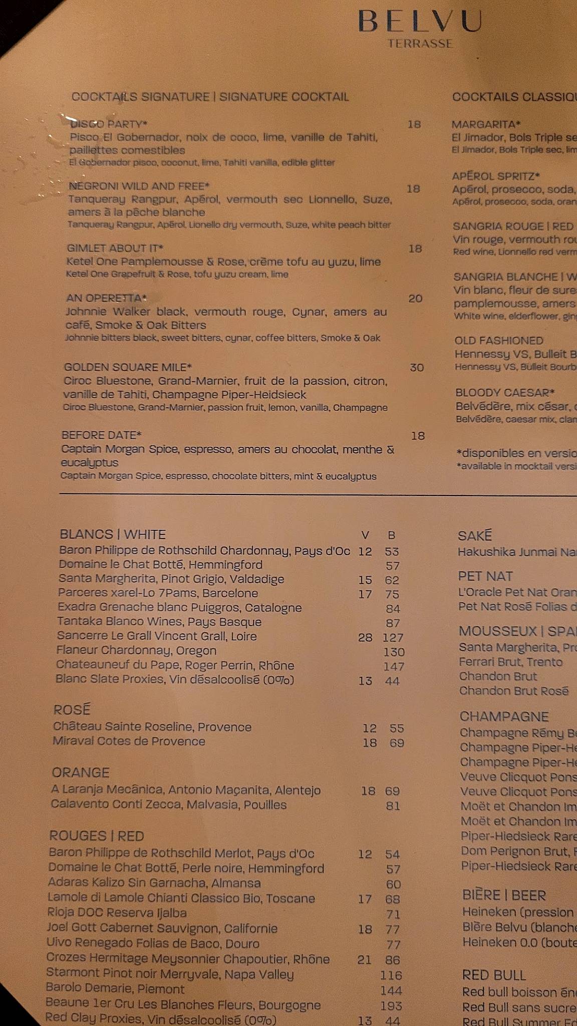 Menu at Terrasse Belvu restaurant, Montréal