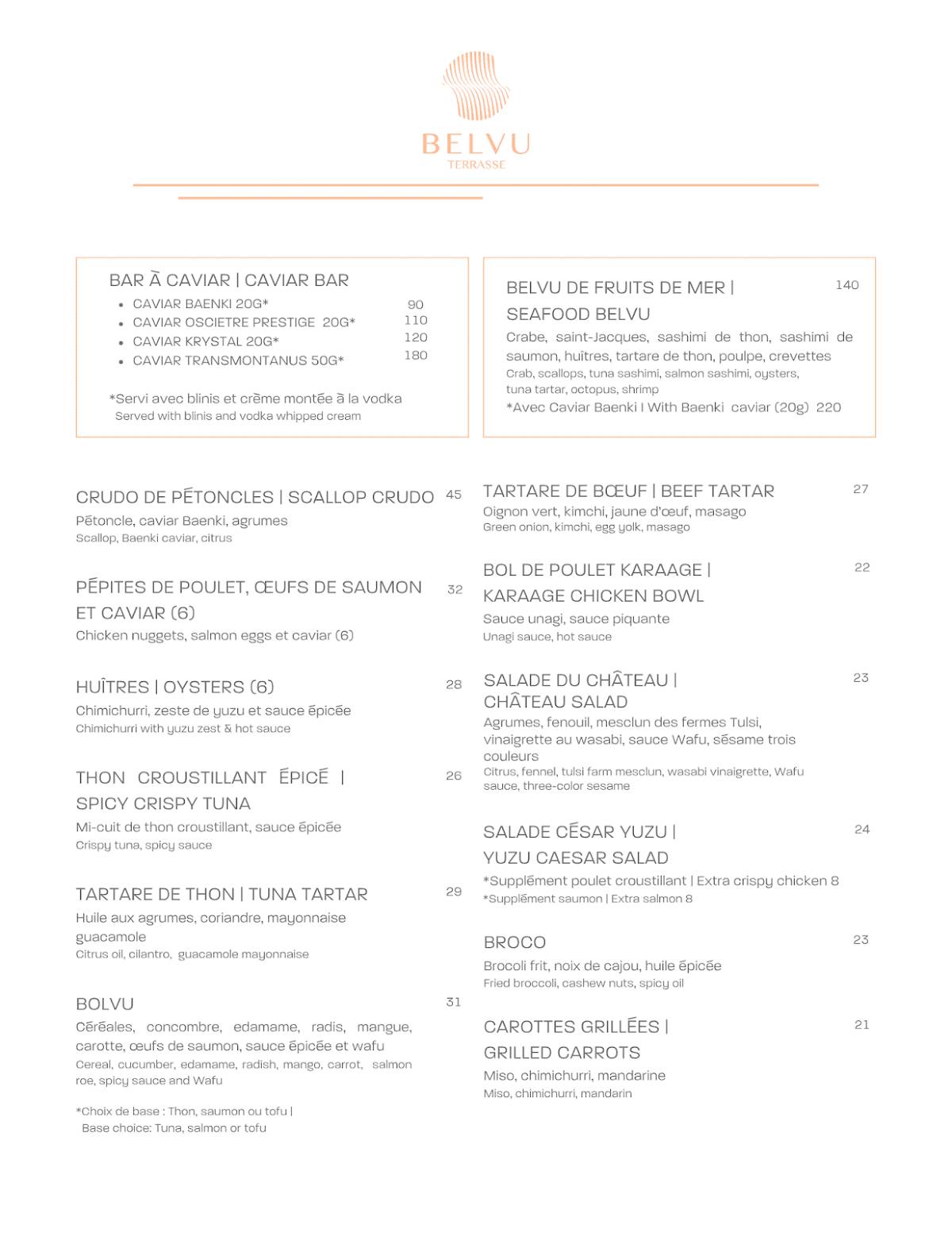 Menu at Terrasse Belvu restaurant, Montréal