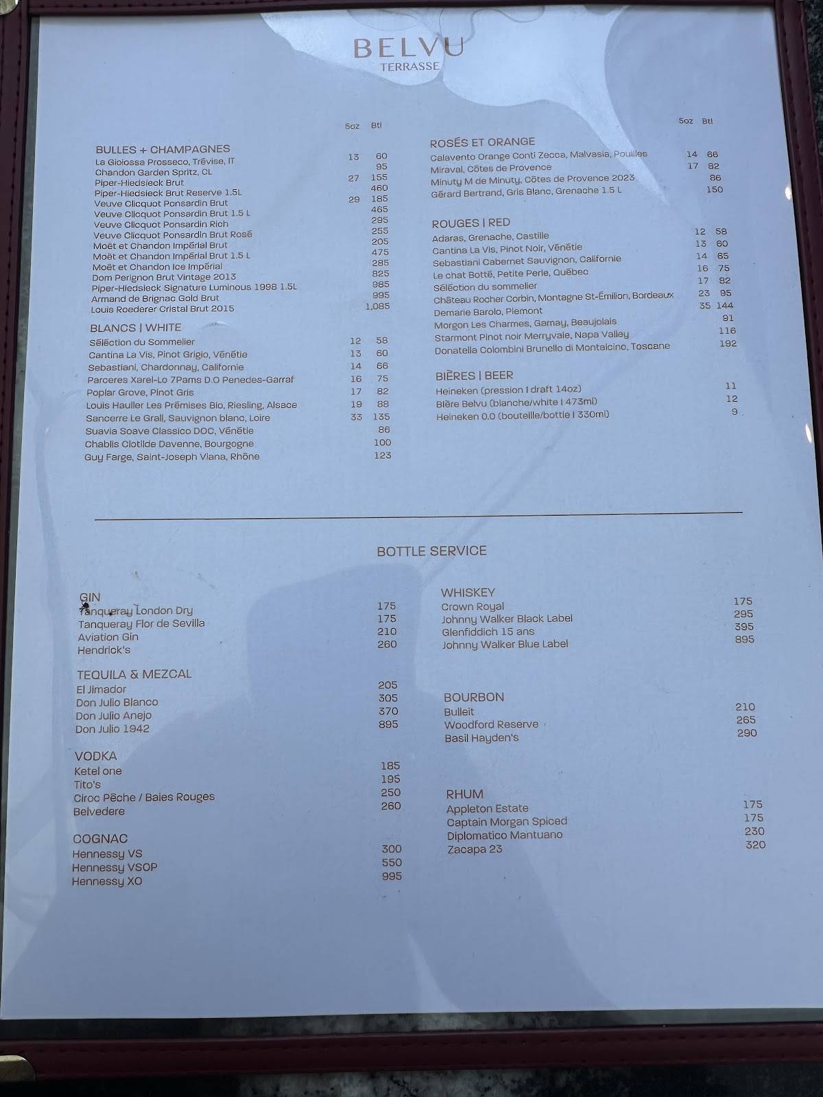 Menu at Terrasse Belvu restaurant, Montréal