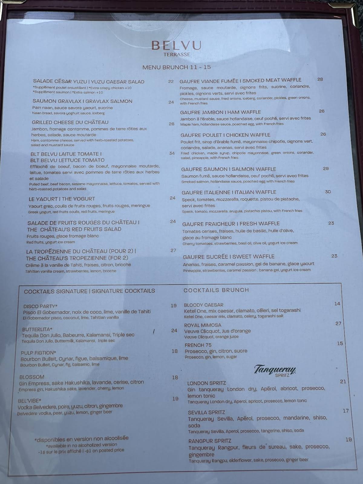 Menu at Terrasse Belvu restaurant, Montréal