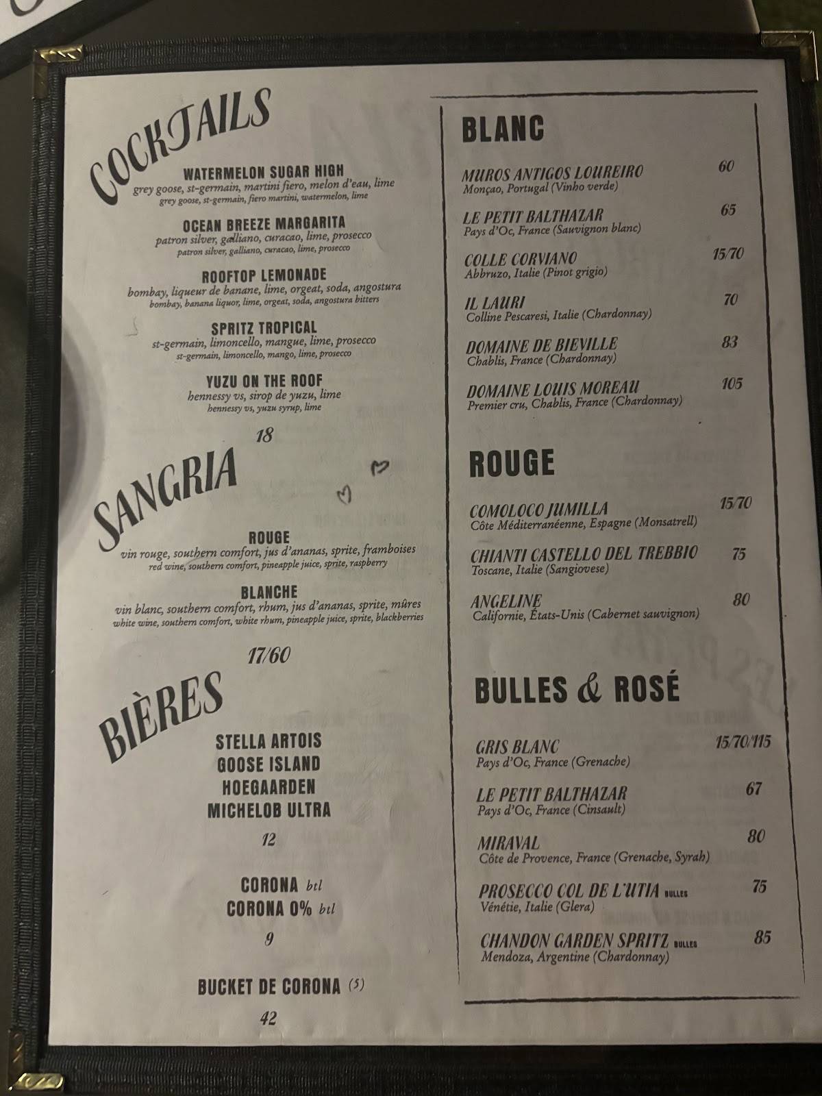 Menu au Terrasse Carla restaurant, Montréal