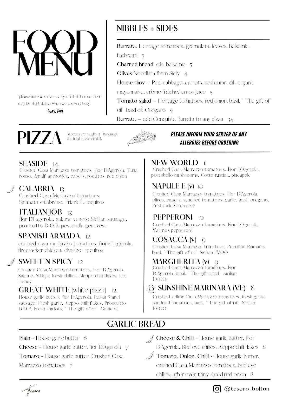 Menu at Tesoro @ The Finishers restaurant, Bolton
