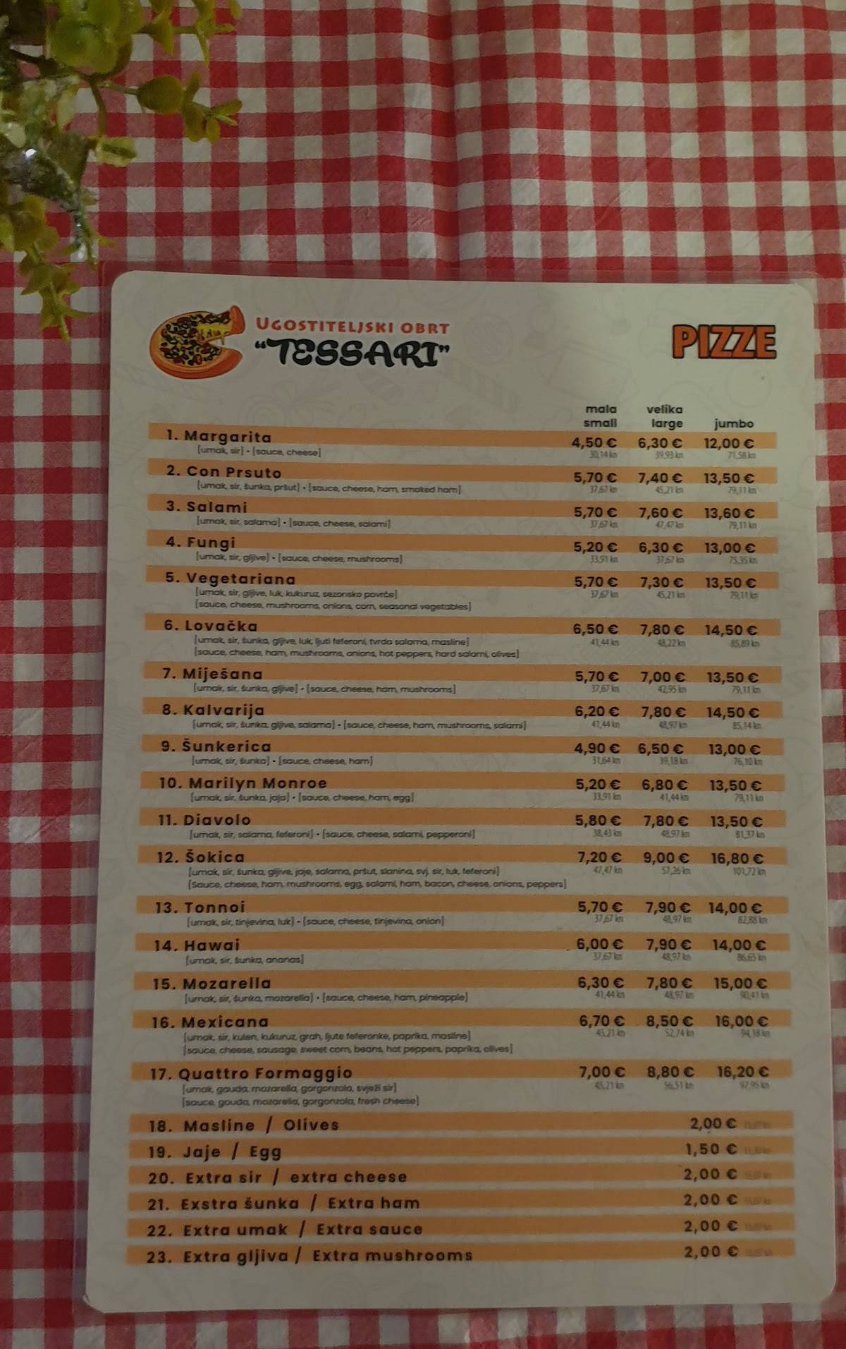 Menu at Tessari restaurant, Pakrac