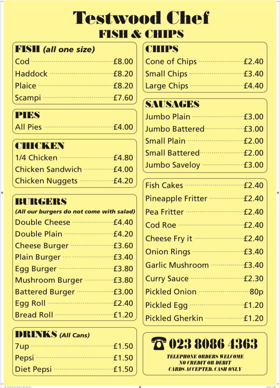 Menu at Testwood Chef restaurant, Southampton
