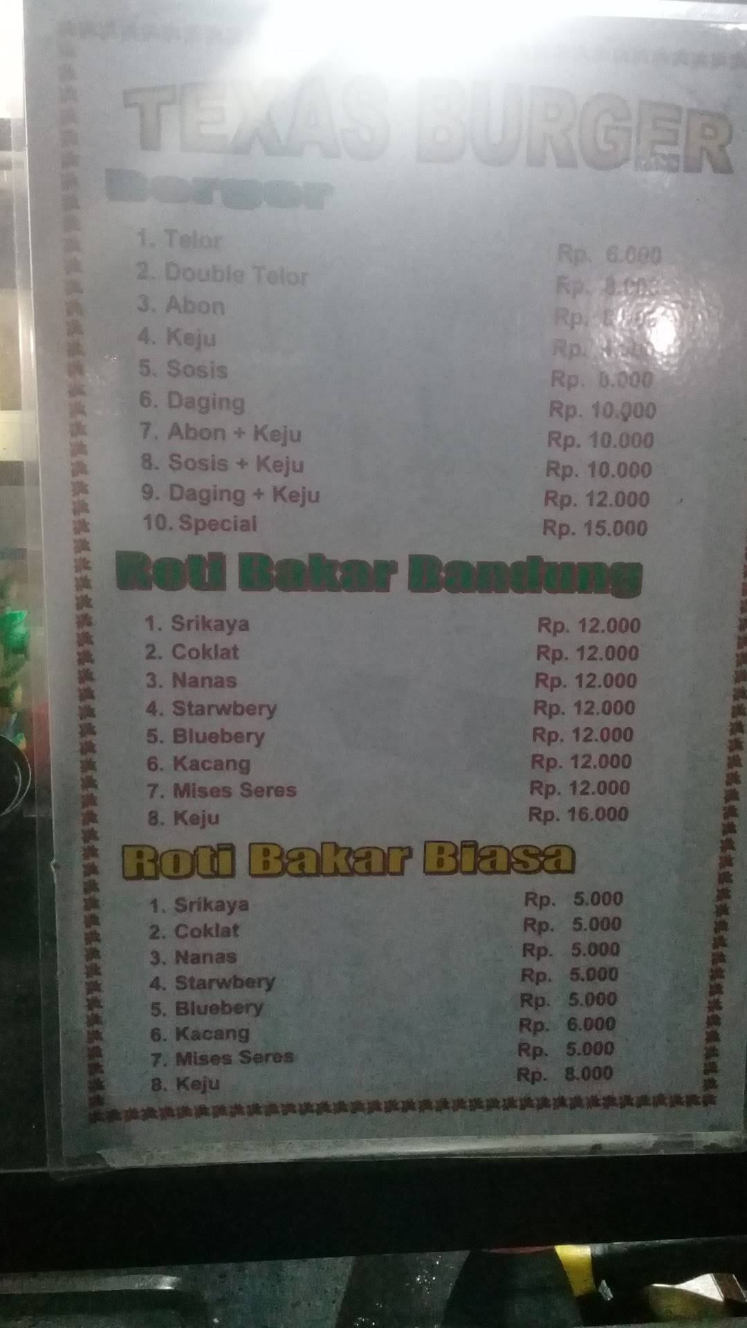 Menu at Texas.Burger & Roti Bakar club, Indonesia