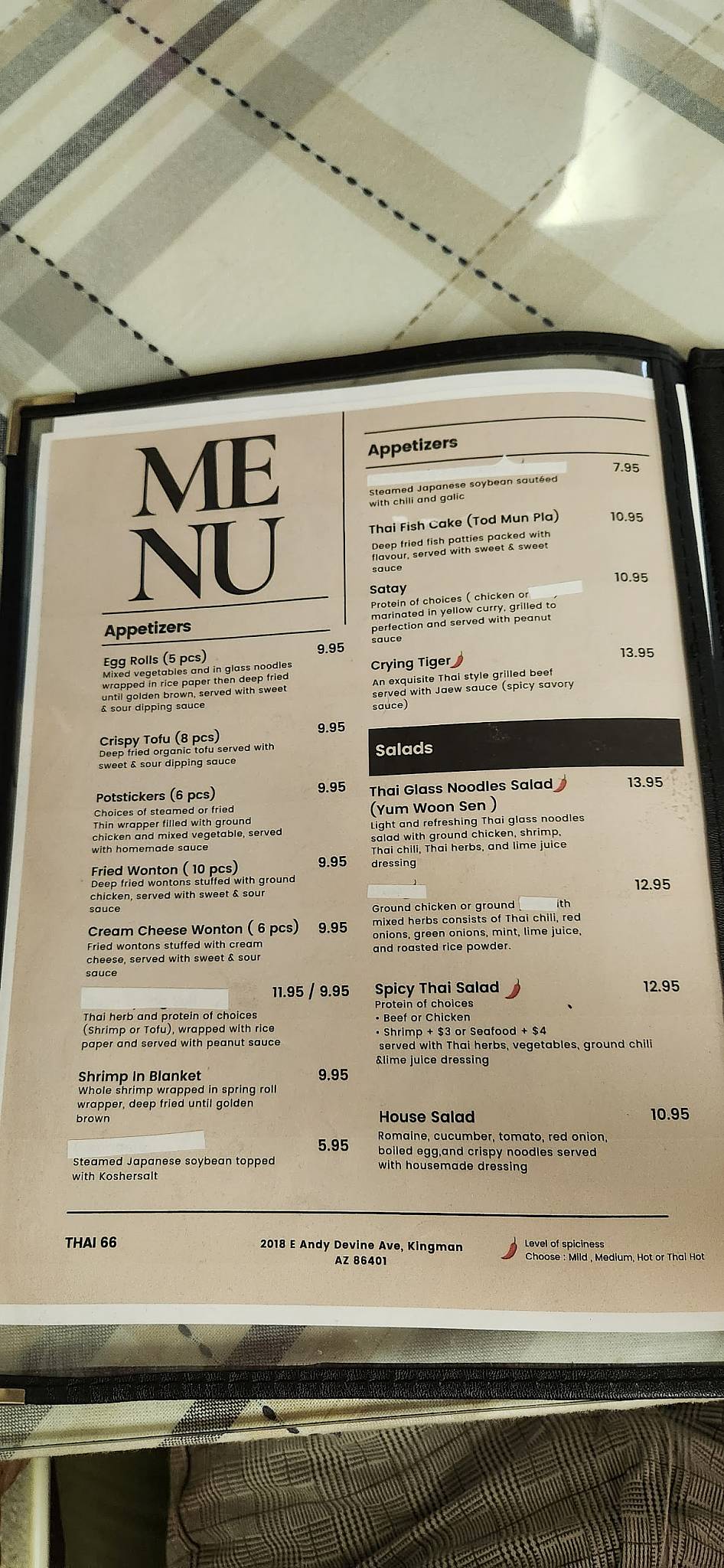 Menu at Thai 66 restaurant, Kingman