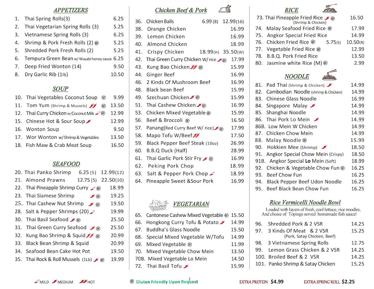 Menu at Thai Basil restaurant, Regina