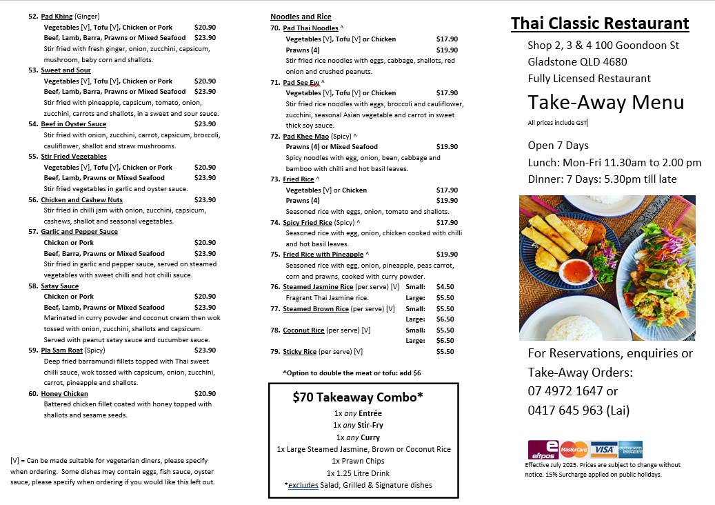 Menu at Thai Classic Restaurant, Gladstone Central