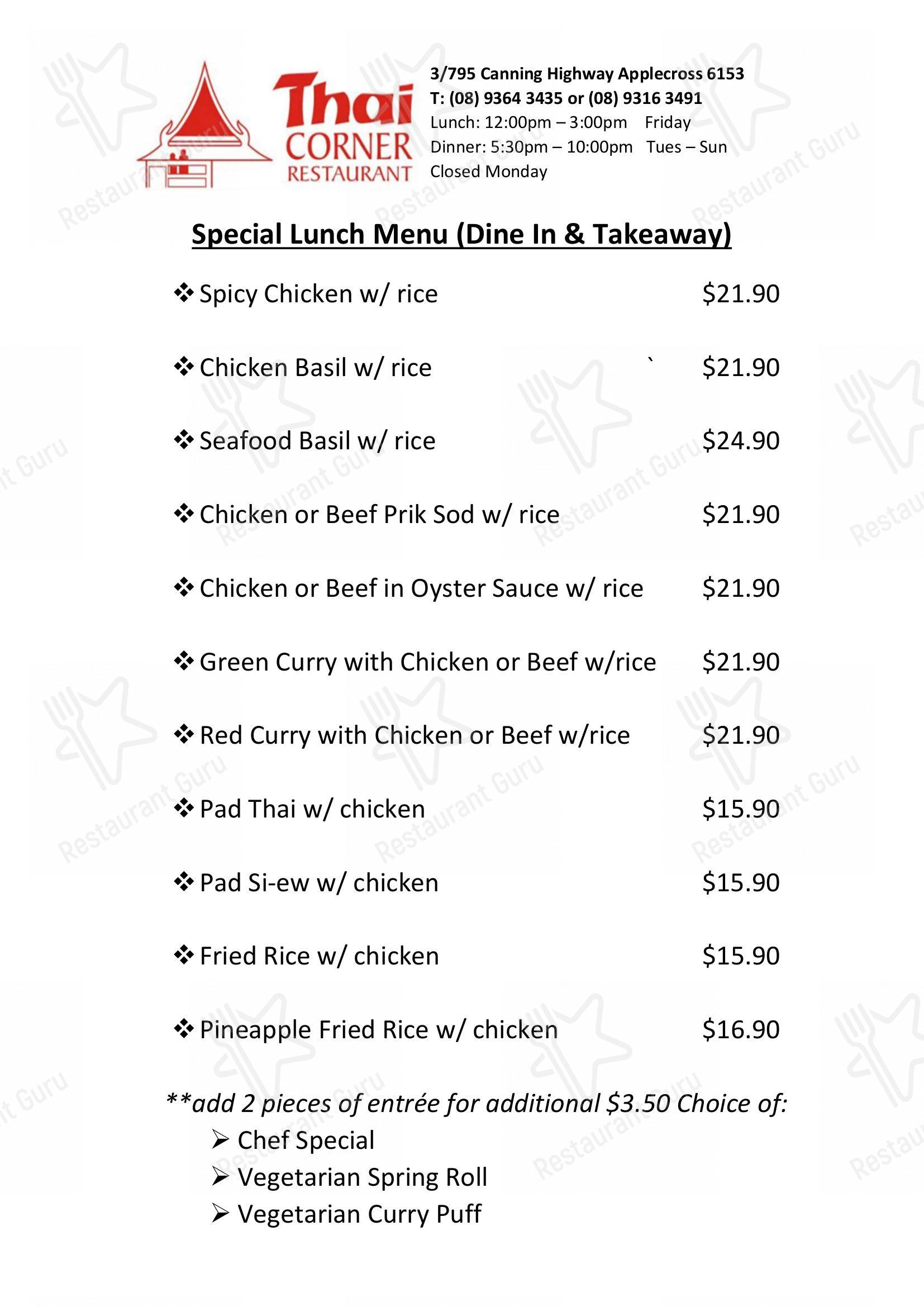 Menu at Thai Corner Restaurant, Applecross, 3/795 Canning Hwy