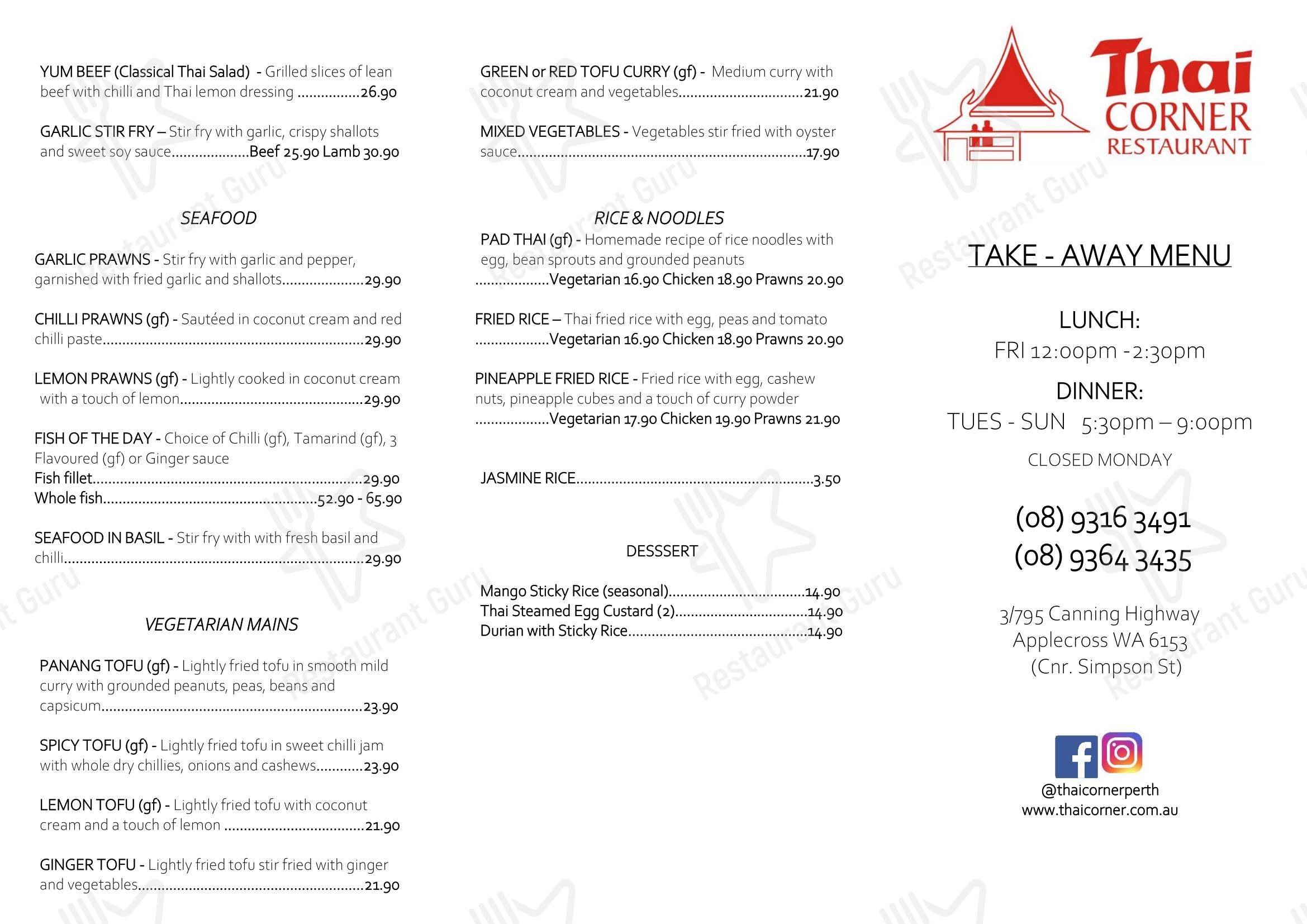 Menu at Thai Corner Restaurant, Applecross, 3/795 Canning Hwy