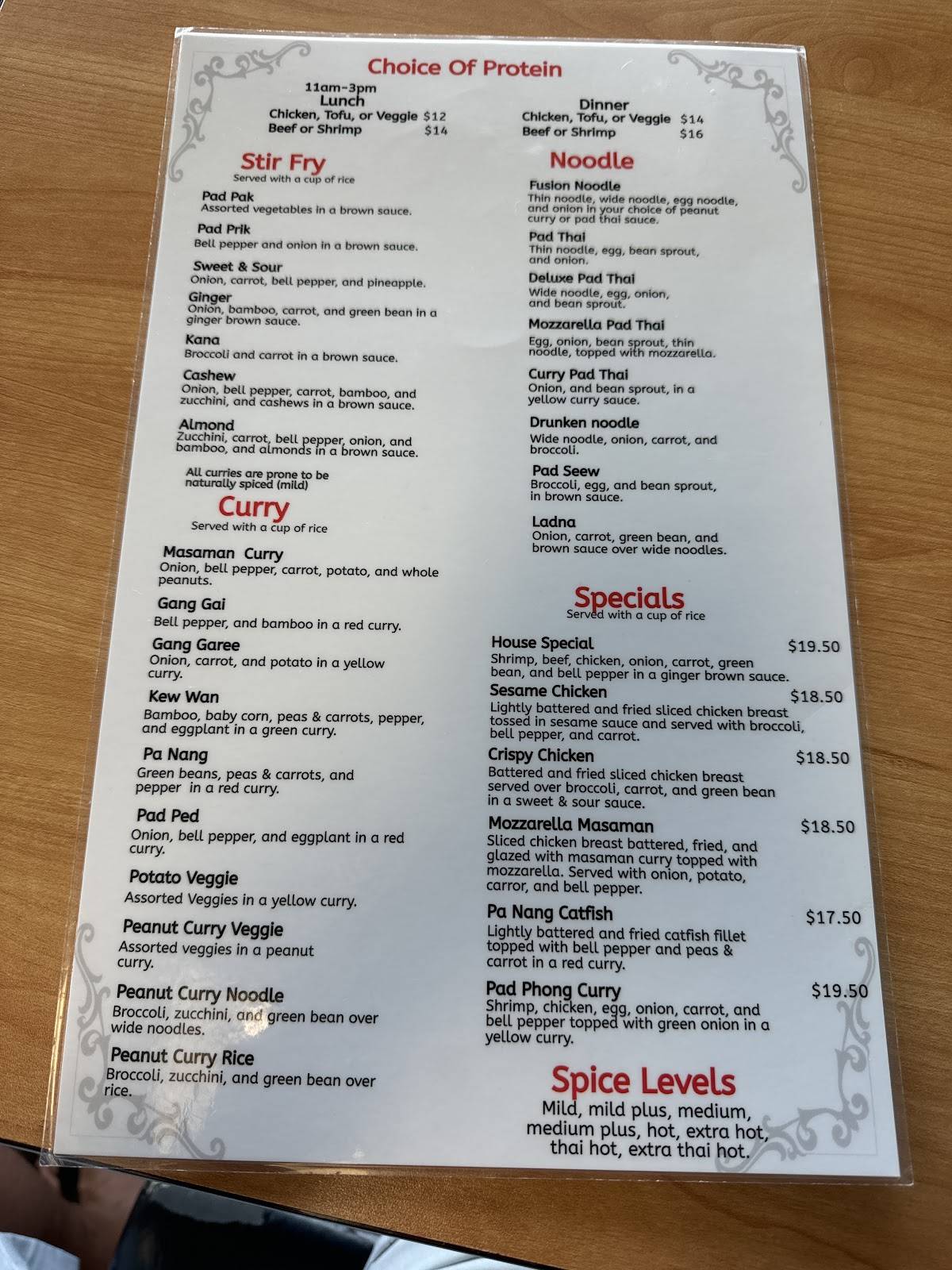 Menu at Thai Flavor restaurant, Battle Creek