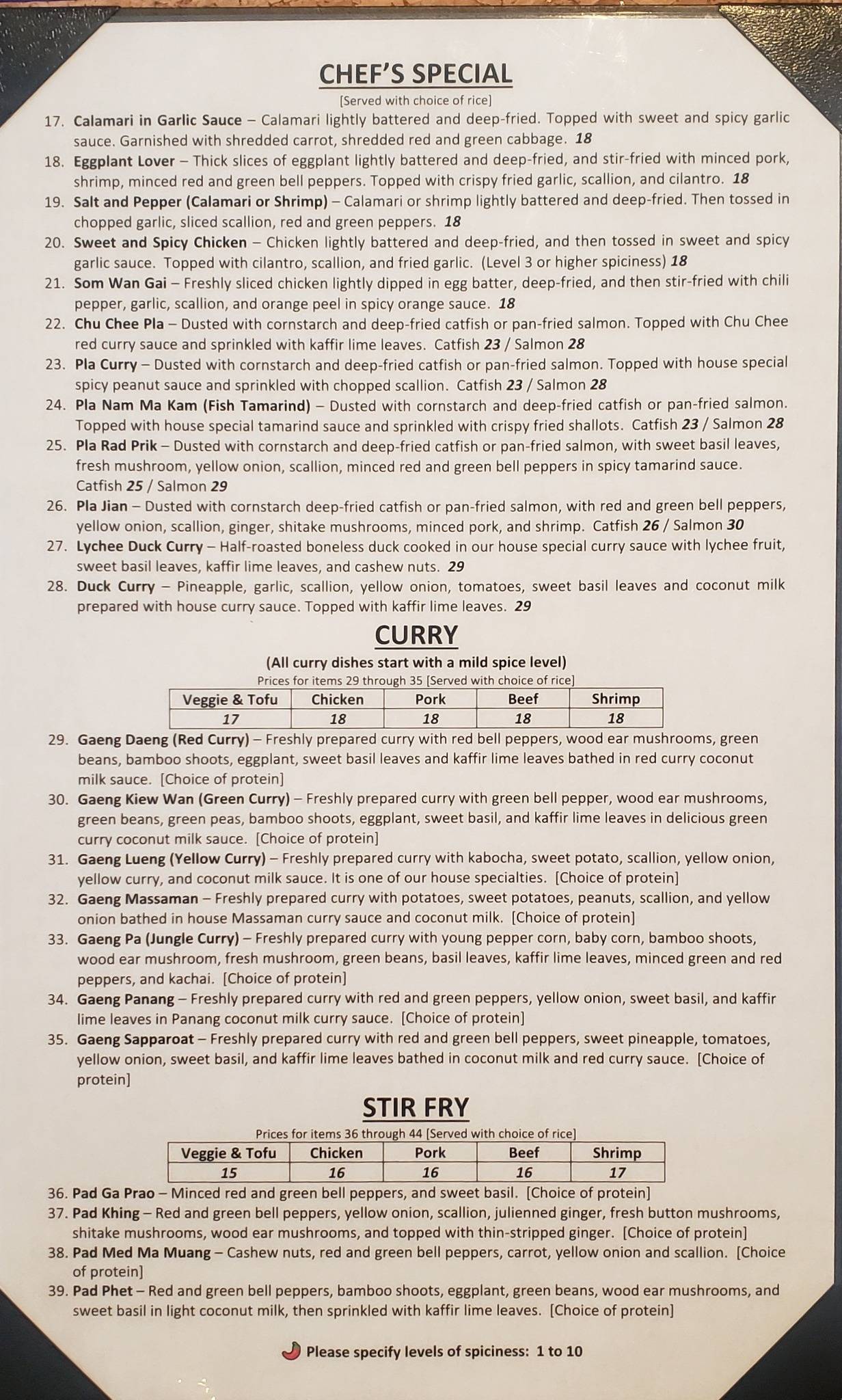 Menu at Thai Ginger Bistro restaurant, Appleton