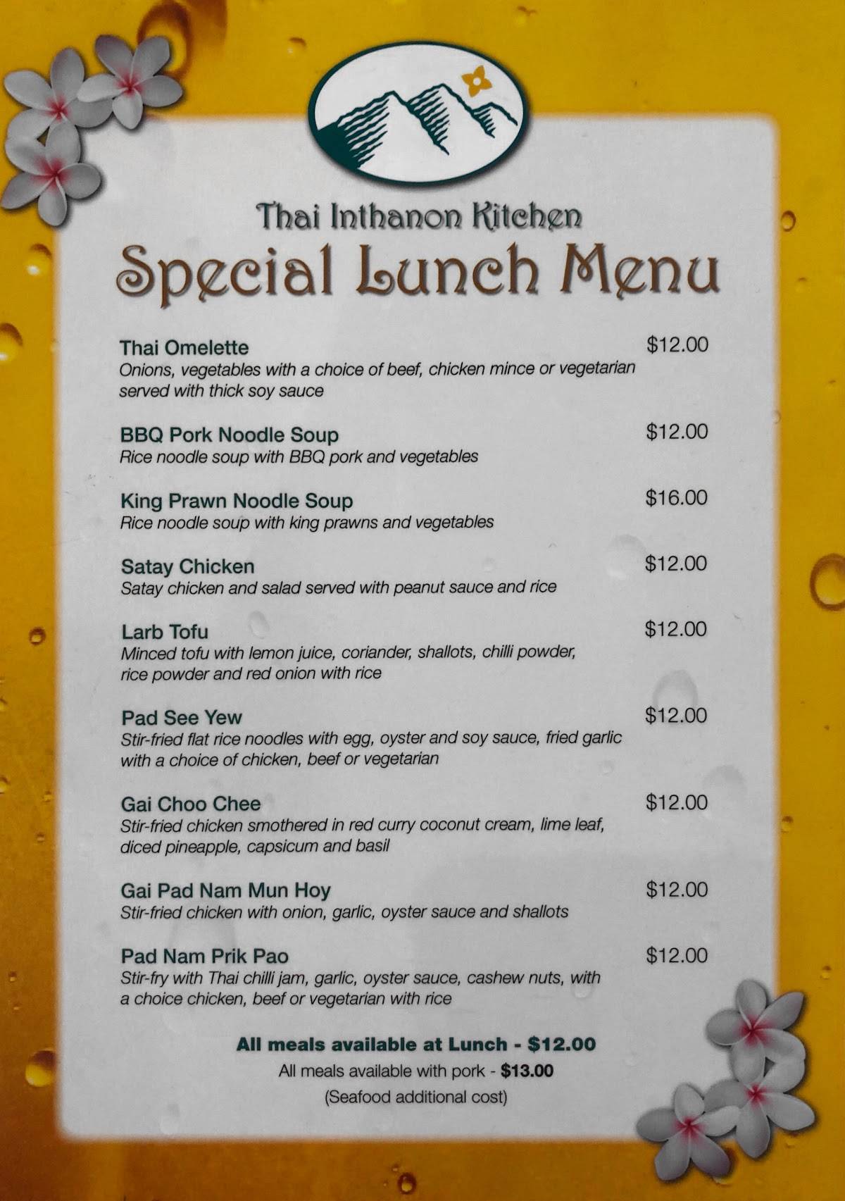 Menu at Thai Inthanon Kitchen restaurant, Coffs Harbour