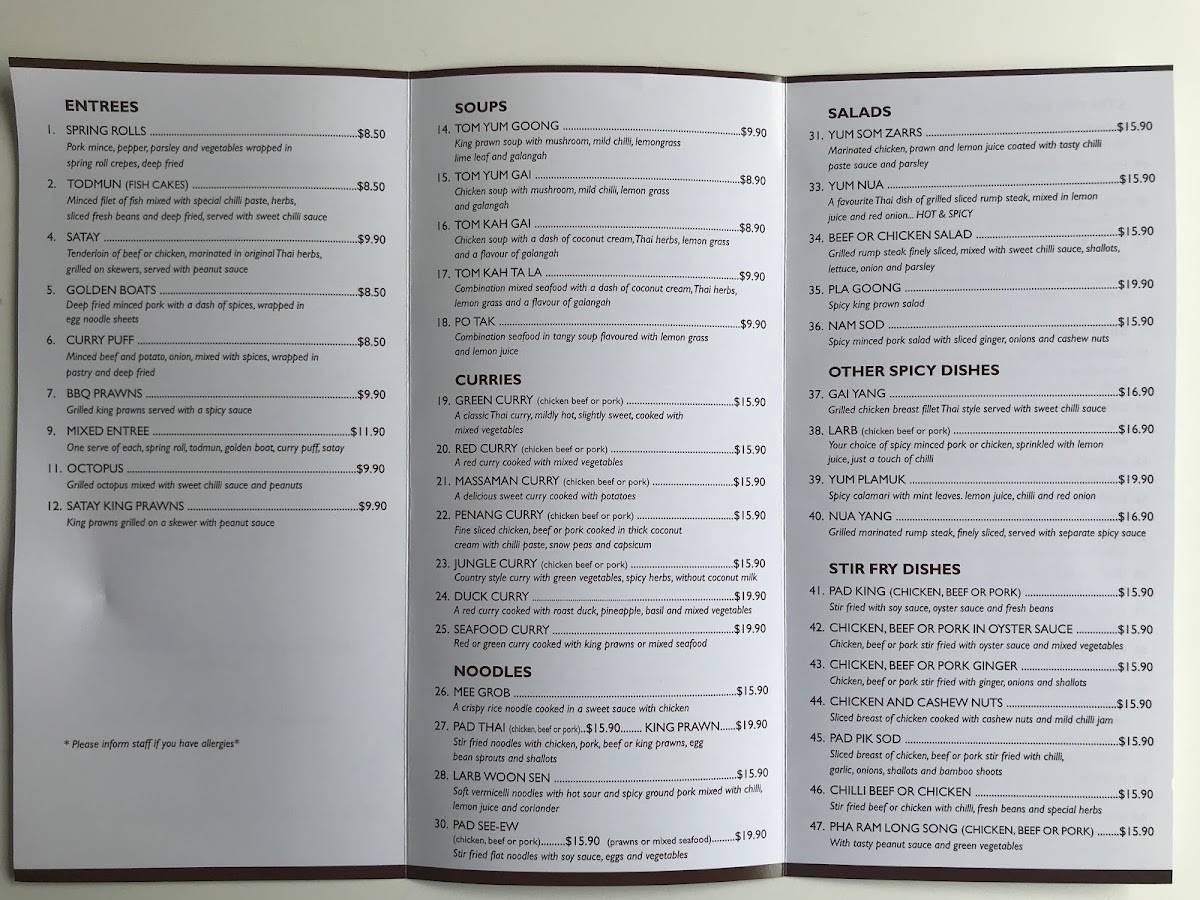 Menu at Thai Phunk restaurant, Lisarow