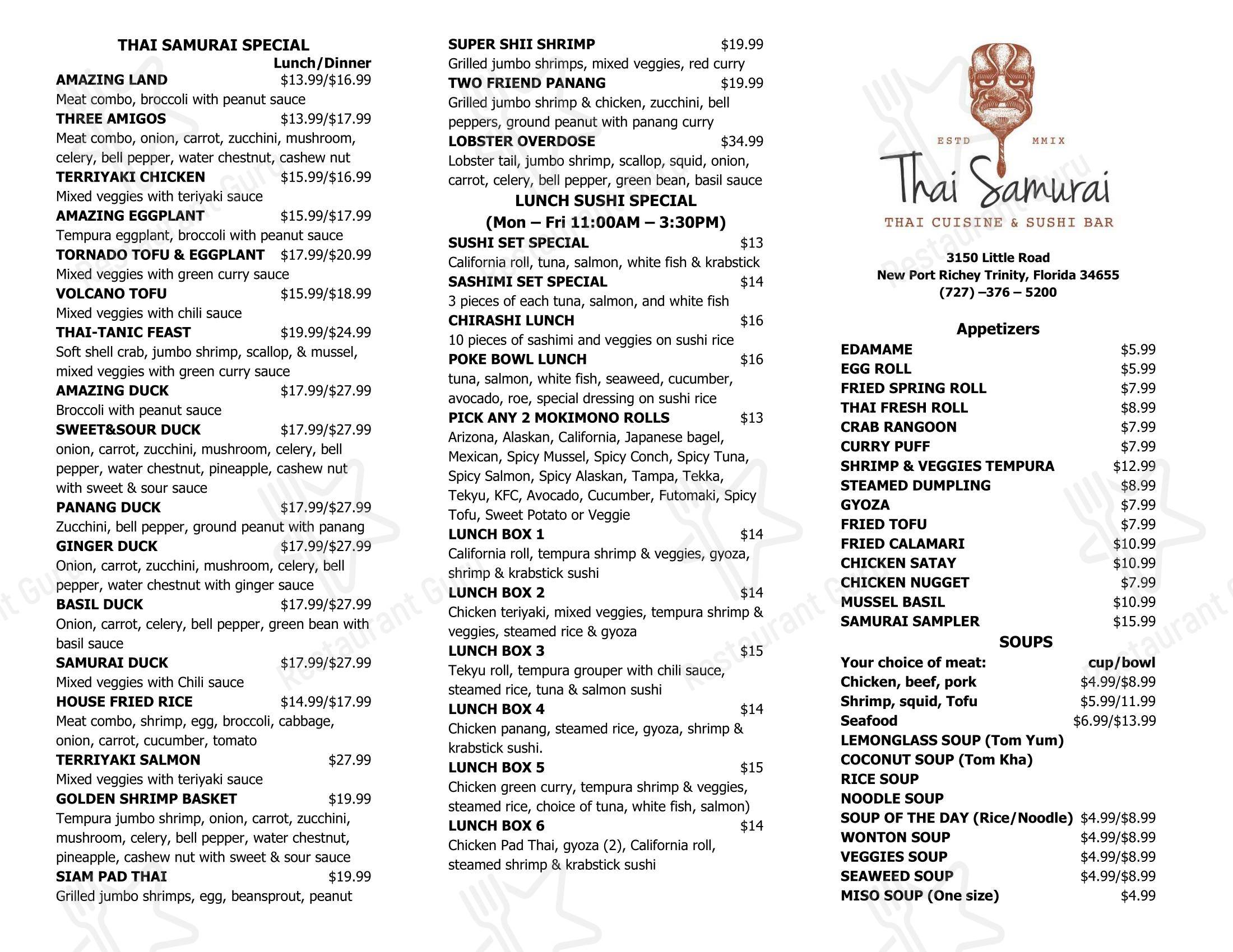 Menu at Thai Samurai Restaurant, Trinity, Little Rd