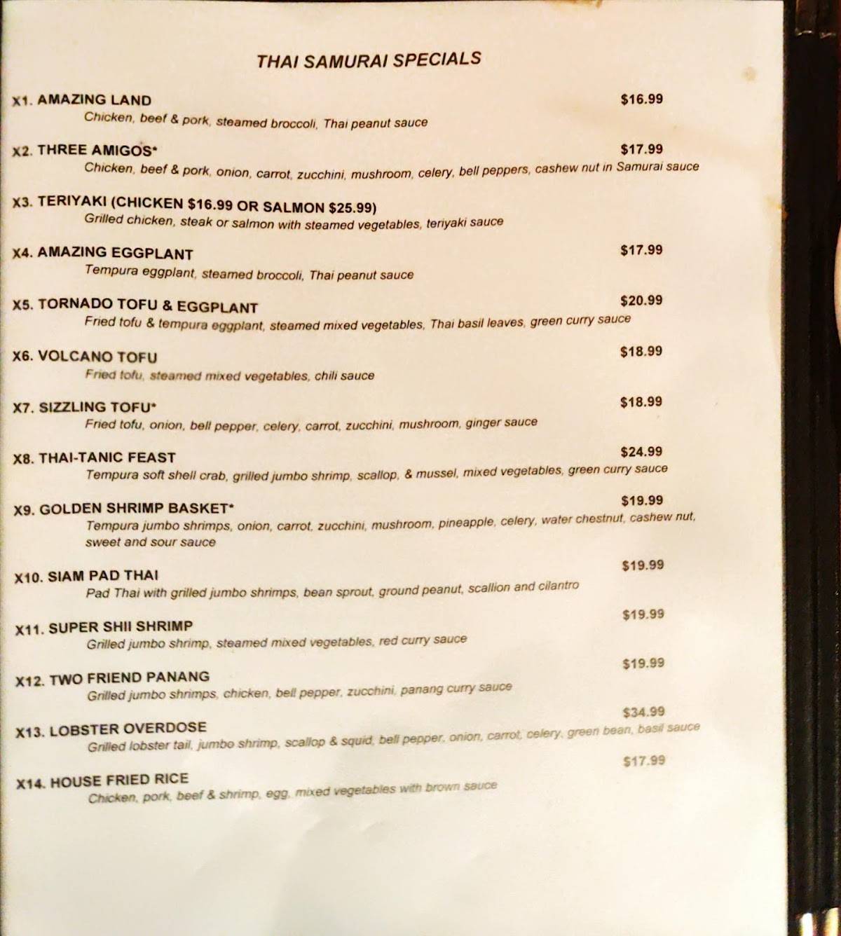 Menu at Thai Samurai Restaurant, New Port Richey, Little Rd