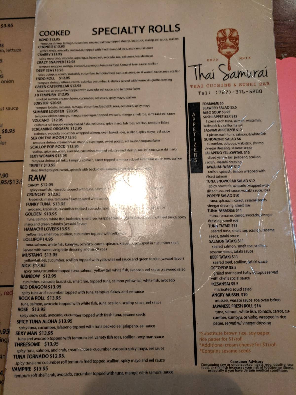 Menu at Thai Samurai Restaurant, New Port Richey, Little Rd