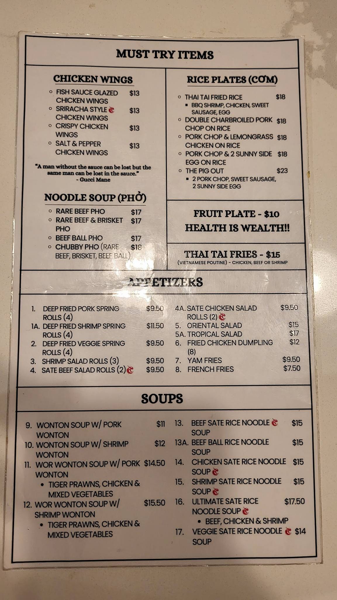 Menu at Thai Tai Vietnamese restaurant, Calgary, 8 St SW