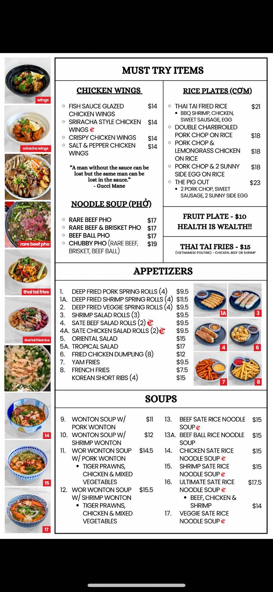 Menu at Thai Tai Vietnamese restaurant, Calgary, 8 St SW