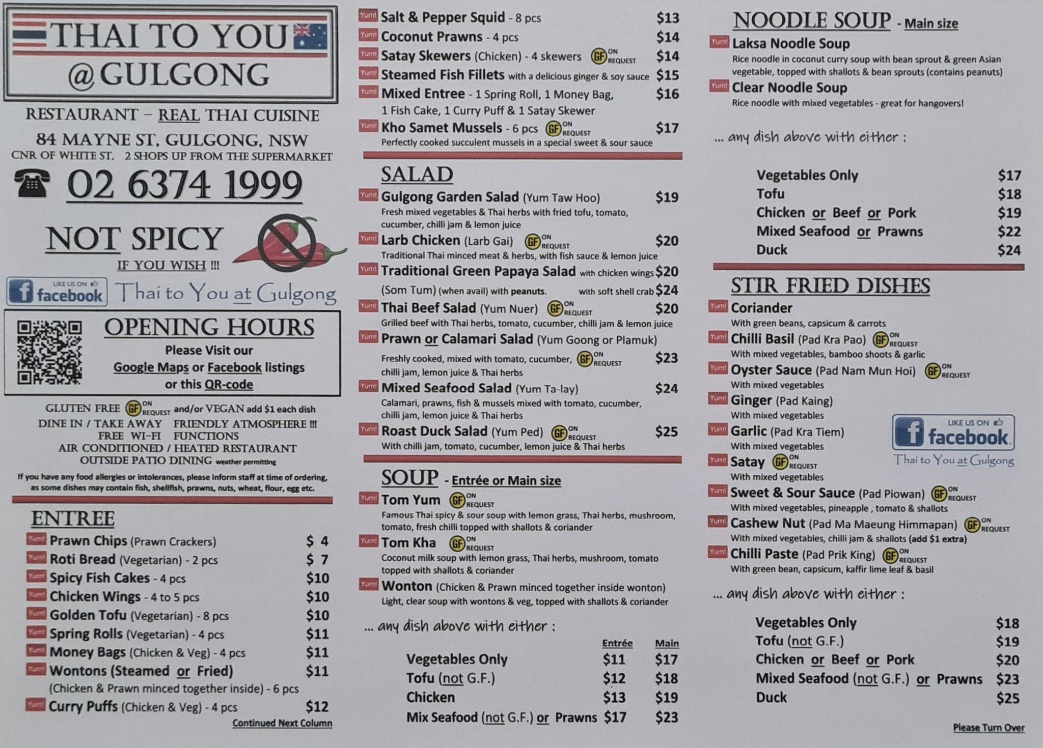 Menu at Thai to You Gulgong Restaurant, Gulgong
