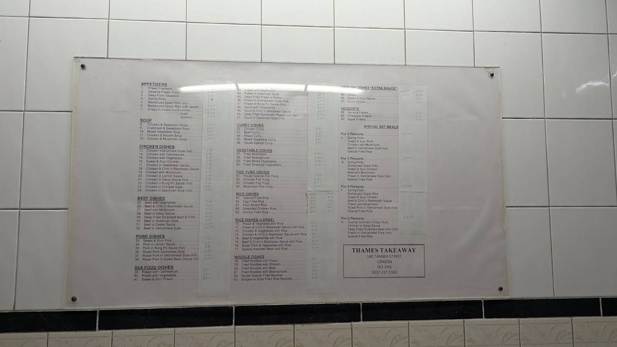 Menu at Thames Take Away restaurant, London