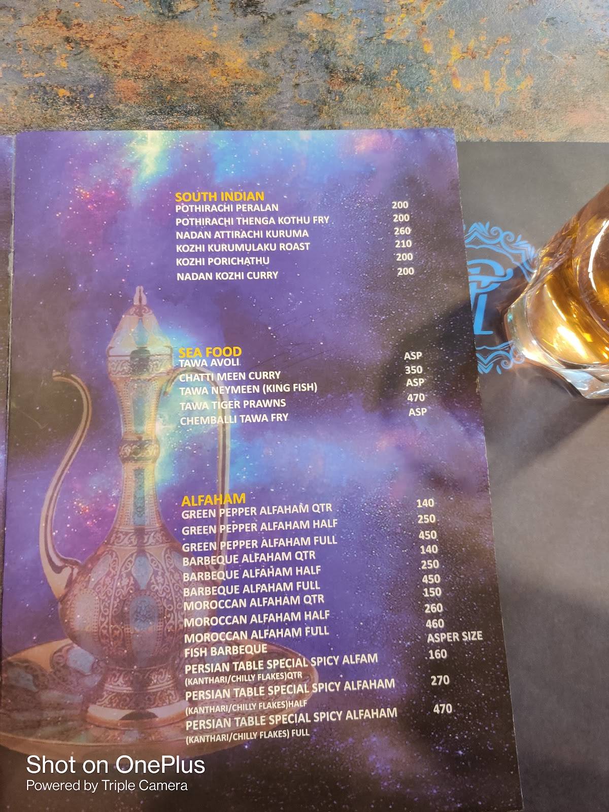 Menu at The Persian Table, Vadayampady