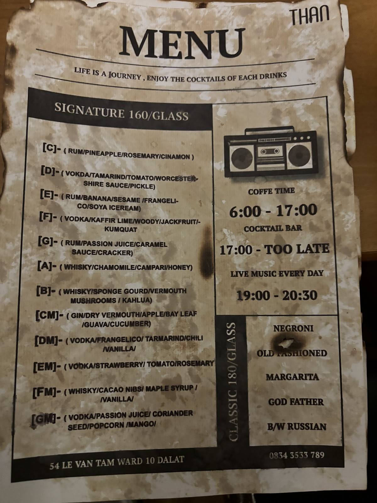 Menu at Than Hidden Bar, Dalat