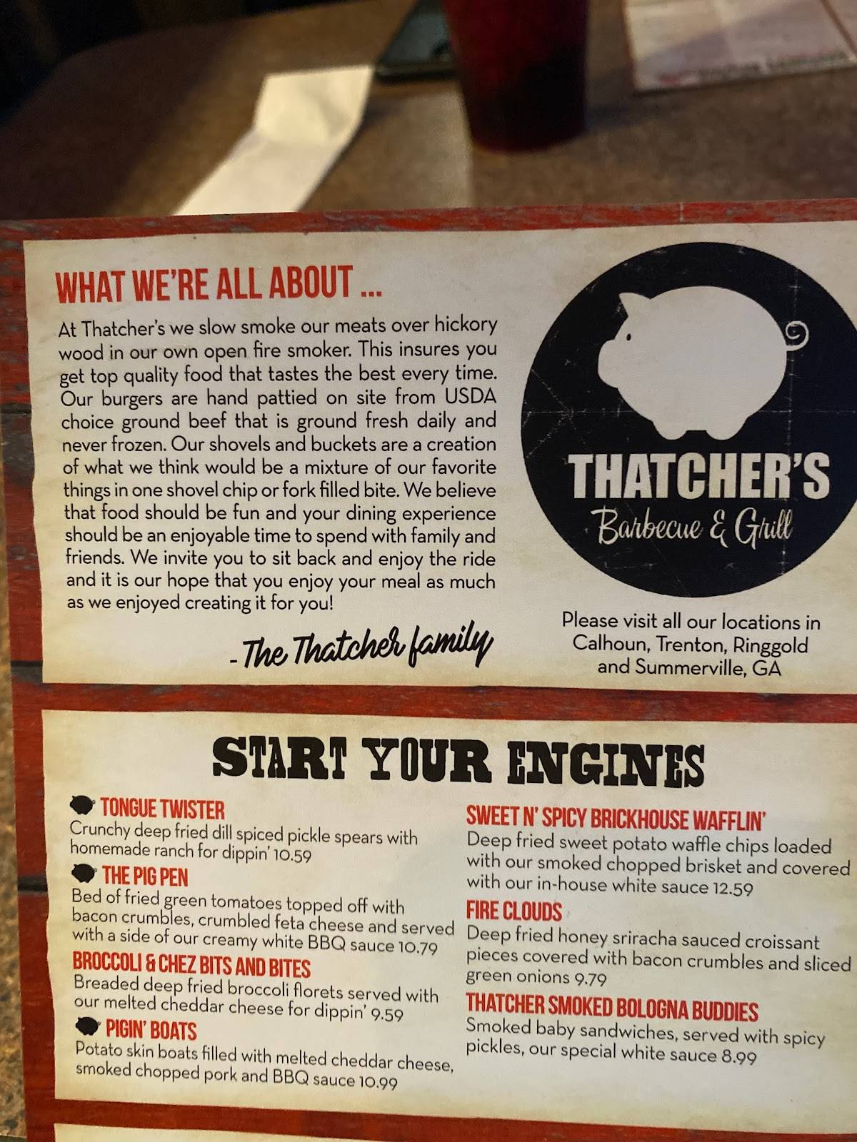Menu at Thatcher's BBQ, Calhoun