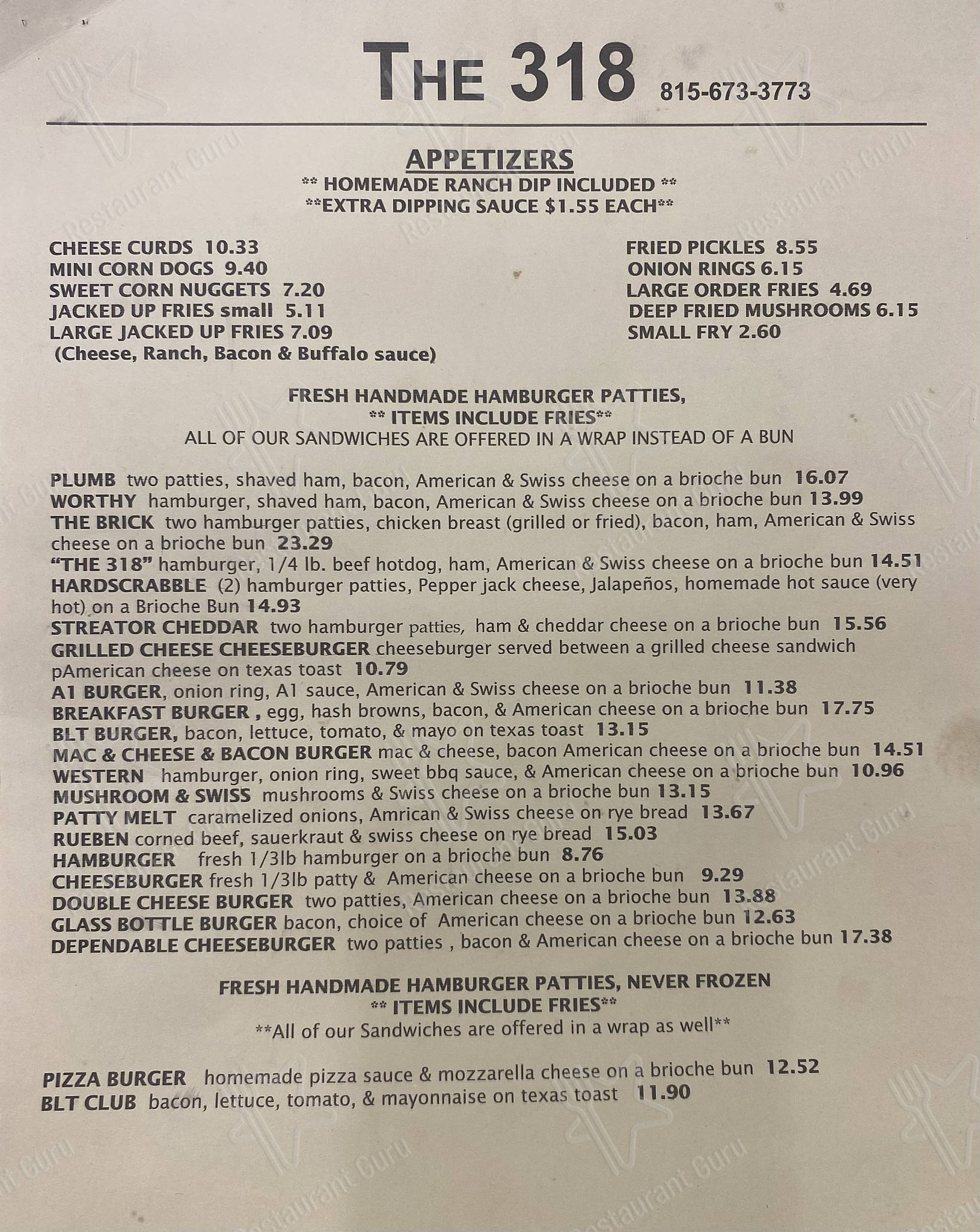Menu at The 318 Restaurant, Streator