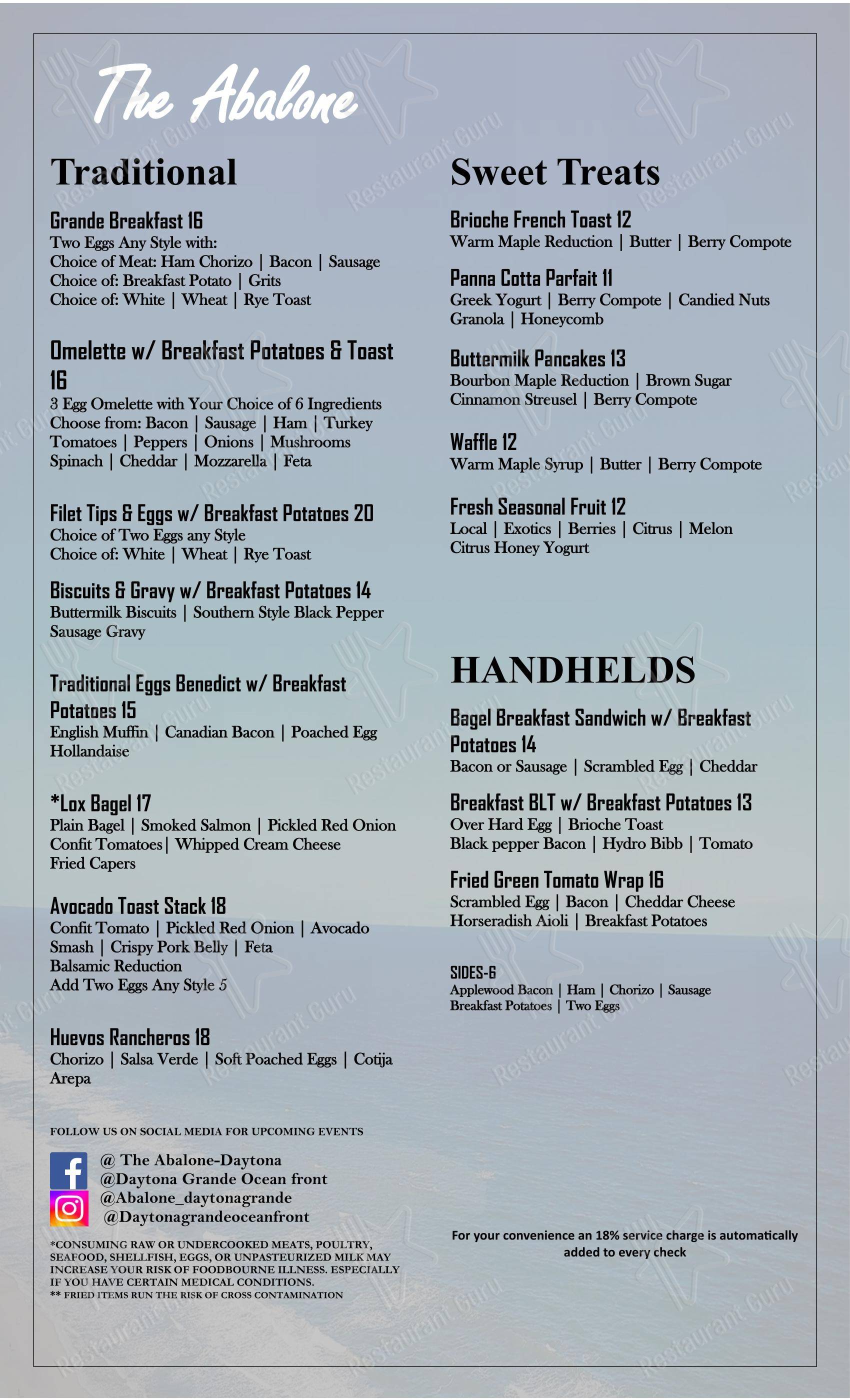 Menu at The Abalone restaurant, Daytona Beach